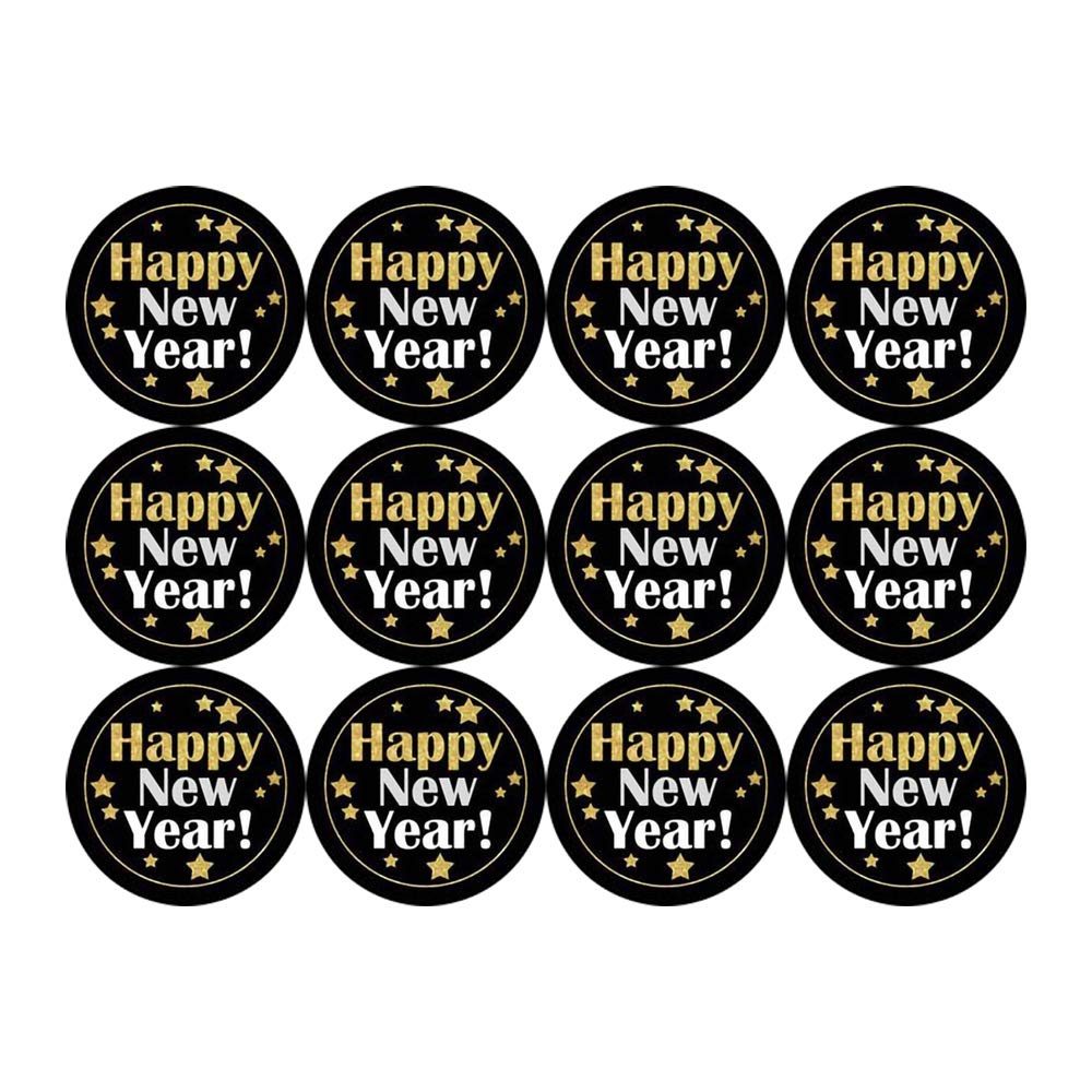 Happy New Year Stickers Seals Gold Labels - (Pack of 120) 1.57" Large Round Gold Foil Stickers Stamping on Black for New Year Cards Gift Envelopes Boxes