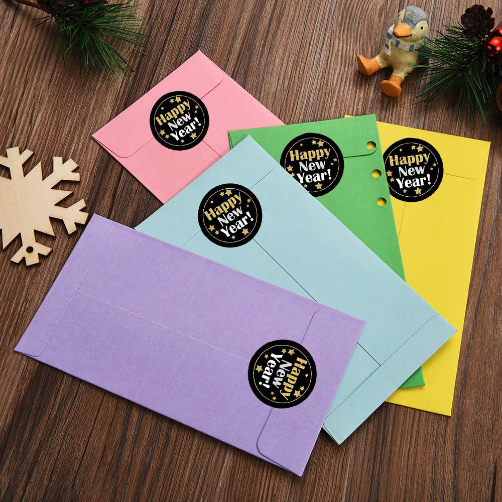 Happy New Year Stickers Seals Gold Labels - (Pack of 120) 1.57" Large Round Gold Foil Stickers Stamping on Black for New Year Cards Gift Envelopes Boxes