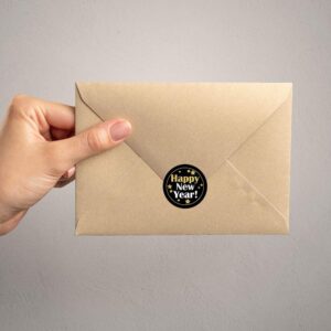 Happy New Year Stickers Seals Gold Labels - (Pack of 120) 1.57" Large Round Gold Foil Stickers Stamping on Black for New Year Cards Gift Envelopes Boxes