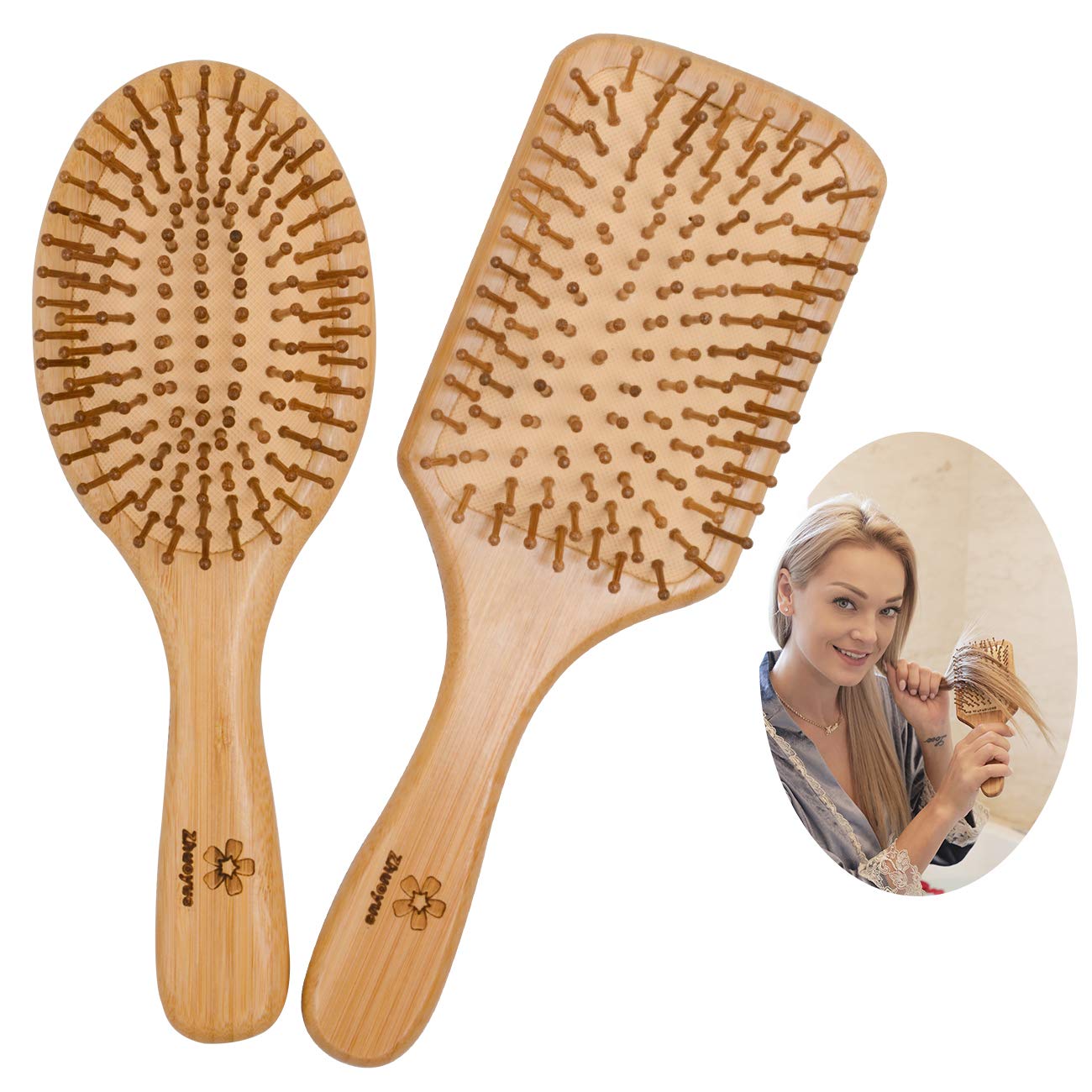 Zhuoyue Wooden Bamboo Hair Brush - Paddle Hair Brush Set with Bamboo Bristle Reduce Frizzy & Massage Scalp 2 pcs