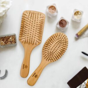 Zhuoyue Wooden Bamboo Hair Brush - Paddle Hair Brush Set with Bamboo Bristle Reduce Frizzy & Massage Scalp 2 pcs