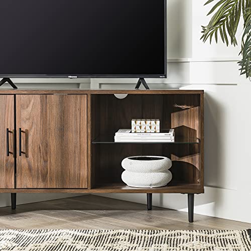 Walker Edison 2 Door Glass Shelf Corner Stand Console, fits TVs up to 55", 48, Dark Walnut