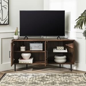 Walker Edison 2 Door Glass Shelf Corner Stand Console, fits TVs up to 55", 48, Dark Walnut