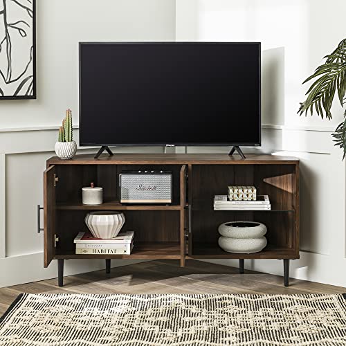 Walker Edison 2 Door Glass Shelf Corner Stand Console, fits TVs up to 55", 48, Dark Walnut