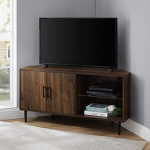 Walker Edison 2 Door Glass Shelf Corner Stand Console, fits TVs up to 55", 48, Dark Walnut