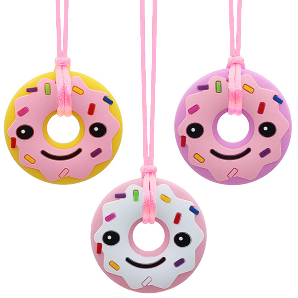 Sensory Chew Necklace for Adult, 3 Pack Silicone Donut Chewing Necklace for Teens Chewers, Anxiety Chewable Necklace for Autism ADHD SPD PICA and Oral Motor Chewing Needs