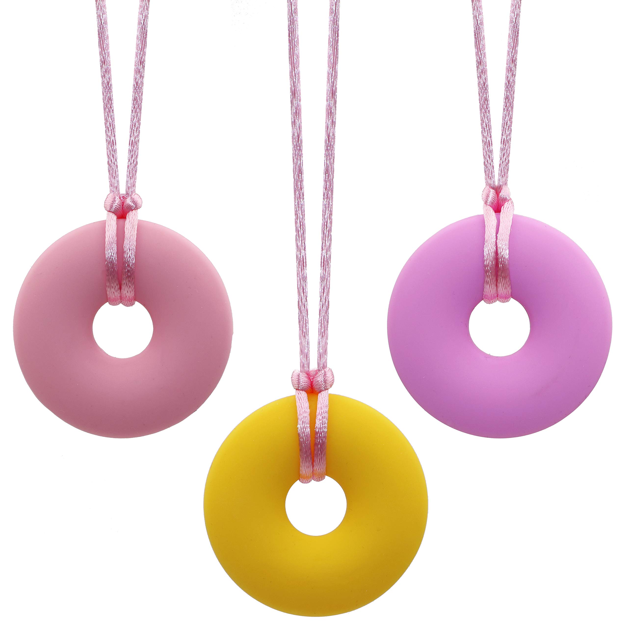 Sensory Chew Necklace for Adult, 3 Pack Silicone Donut Chewing Necklace for Teens Chewers, Anxiety Chewable Necklace for Autism ADHD SPD PICA and Oral Motor Chewing Needs