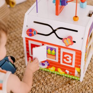 Melissa & Doug First Play Slide, Sort & Roll Wooden Activity Barn with Bead Maze, 6 Wooden Play Pieces (11.75” x 11.75” x 20” Assembled)