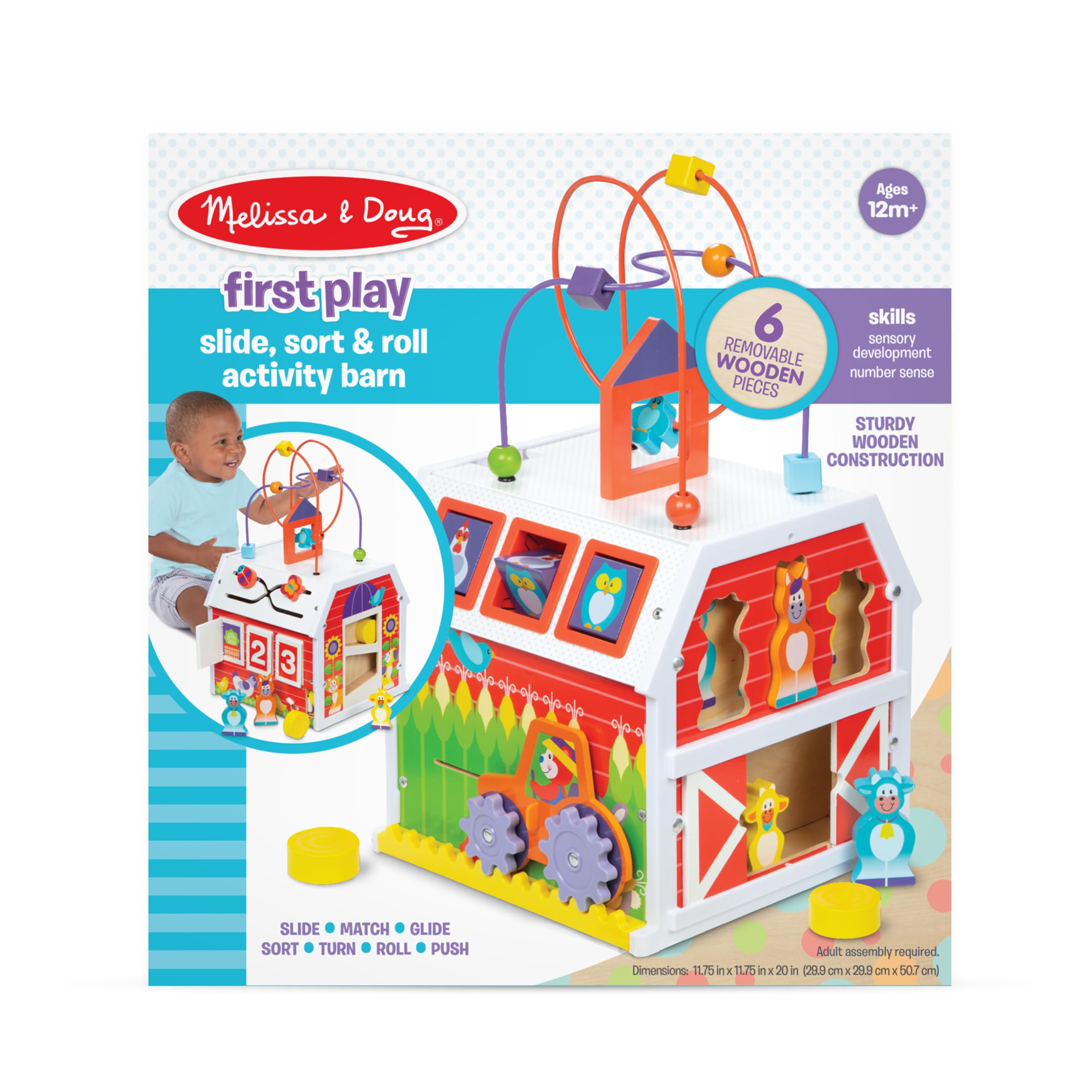 Melissa & Doug First Play Slide, Sort & Roll Wooden Activity Barn with Bead Maze, 6 Wooden Play Pieces (11.75” x 11.75” x 20” Assembled)