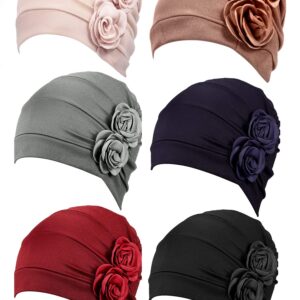 6 Pieces Women Turban Flower Caps Vintage Beanie Headscarf Elastic Headwrap Hat