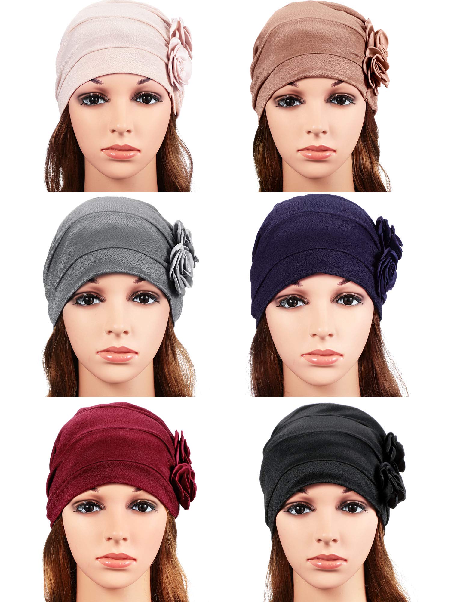 6 Pieces Women Turban Flower Caps Vintage Beanie Headscarf Elastic Headwrap Hat