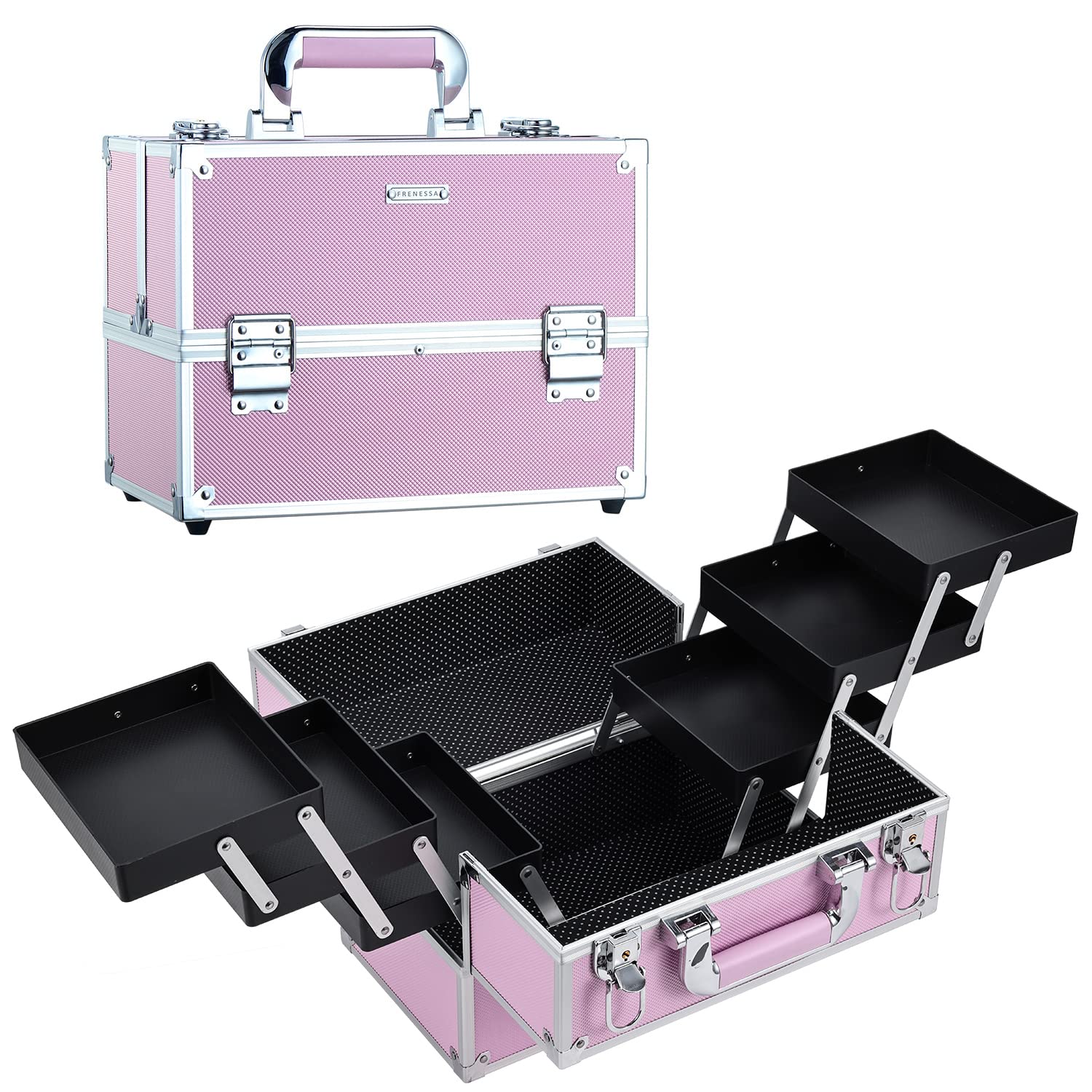 Frenessa Makeup Train Case Large Portable Cosmetic Case - 6 Tier Trays Professional Makeup Storage Organizer Box Make Up Carrier with Lockable keys - Pink