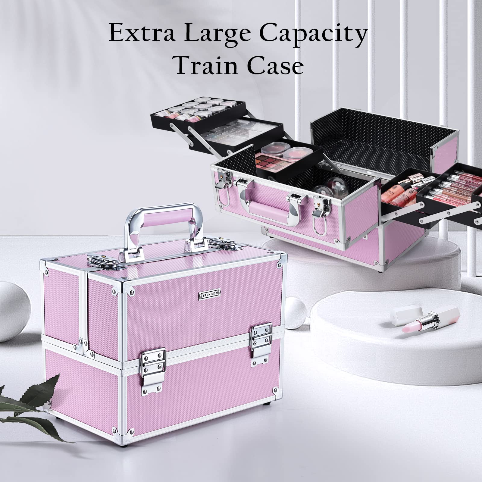 Frenessa Makeup Train Case Large Portable Cosmetic Case - 6 Tier Trays Professional Makeup Storage Organizer Box Make Up Carrier with Lockable keys - Pink