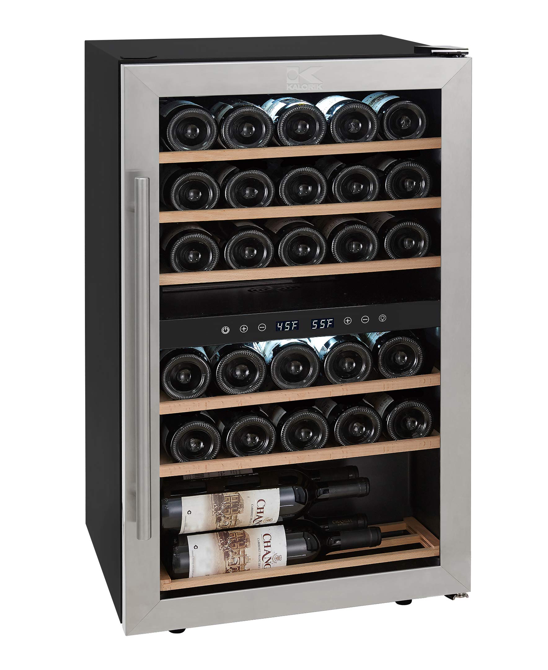 Kalorik WCL 44446 SS Cooler 29-Bottle Dual-Zone Compressor Wine Cellar, Stainless Steel, Black Body