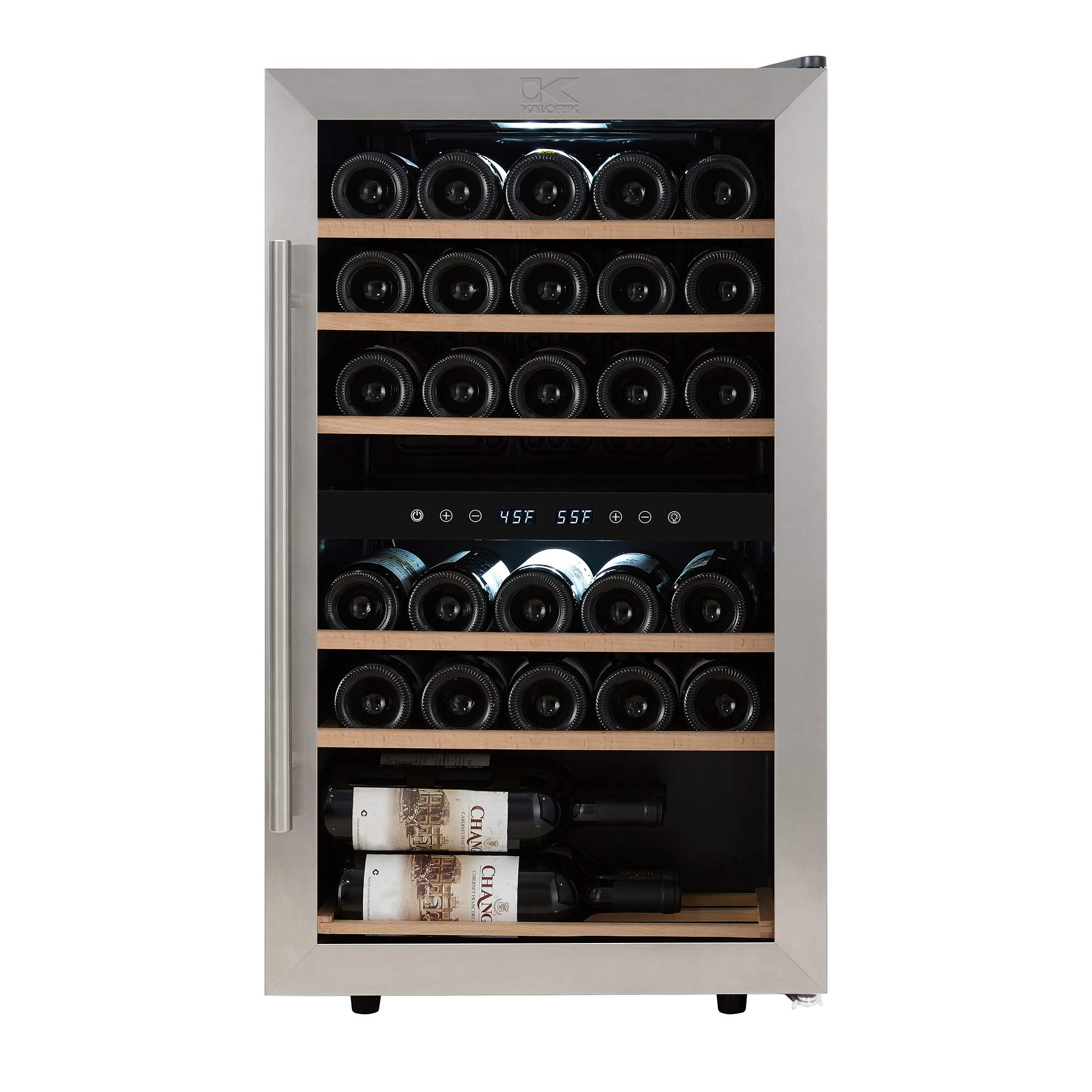 Kalorik WCL 44446 SS Cooler 29-Bottle Dual-Zone Compressor Wine Cellar, Stainless Steel, Black Body