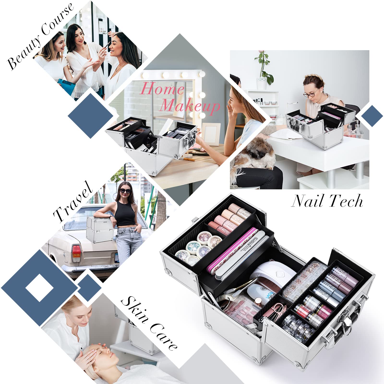 Professional Makeup Train Case Aluminum Makeup Box 4-Tier Trays Crafters Train Case Jewelry Storage Organizer with Lockable Portable Travel Makeup Storage Box for Women and Girls (Bright Silver)