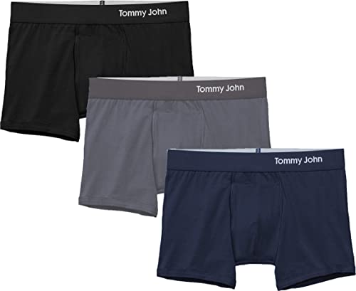 Tommy John Men’s Trunk 4" Underwear - Cool Cotton Boxers with Supportive Contour Pouch - Cool, Dry Pima Cotton Blend (Medium, Black/Iron Grey/Navy)