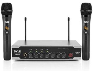 pyle portable uhf wireless microphone system - battery operated dual bluetooth cordless microphone set, includes 2 handheld transmitter mic, receiver base, aux, rca, for pa karaoke dj party -pdwm2125