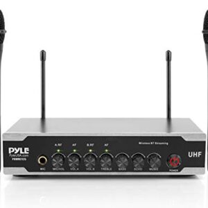 Pyle Portable Uhf Wireless Microphone System - Battery Operated Dual Bluetooth Cordless Microphone Set, Includes 2 Handheld Transmitter mic, Receiver Base, Aux, RCA, for PA Karaoke DJ Party -PDWM2125