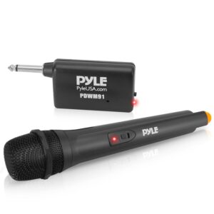 pyle portable vhf wireless microphone system - professional battery operated handheld dynamic unidirectional cordless microphone transmitter set w/adapter receiver, for pa karaoke dj party, black