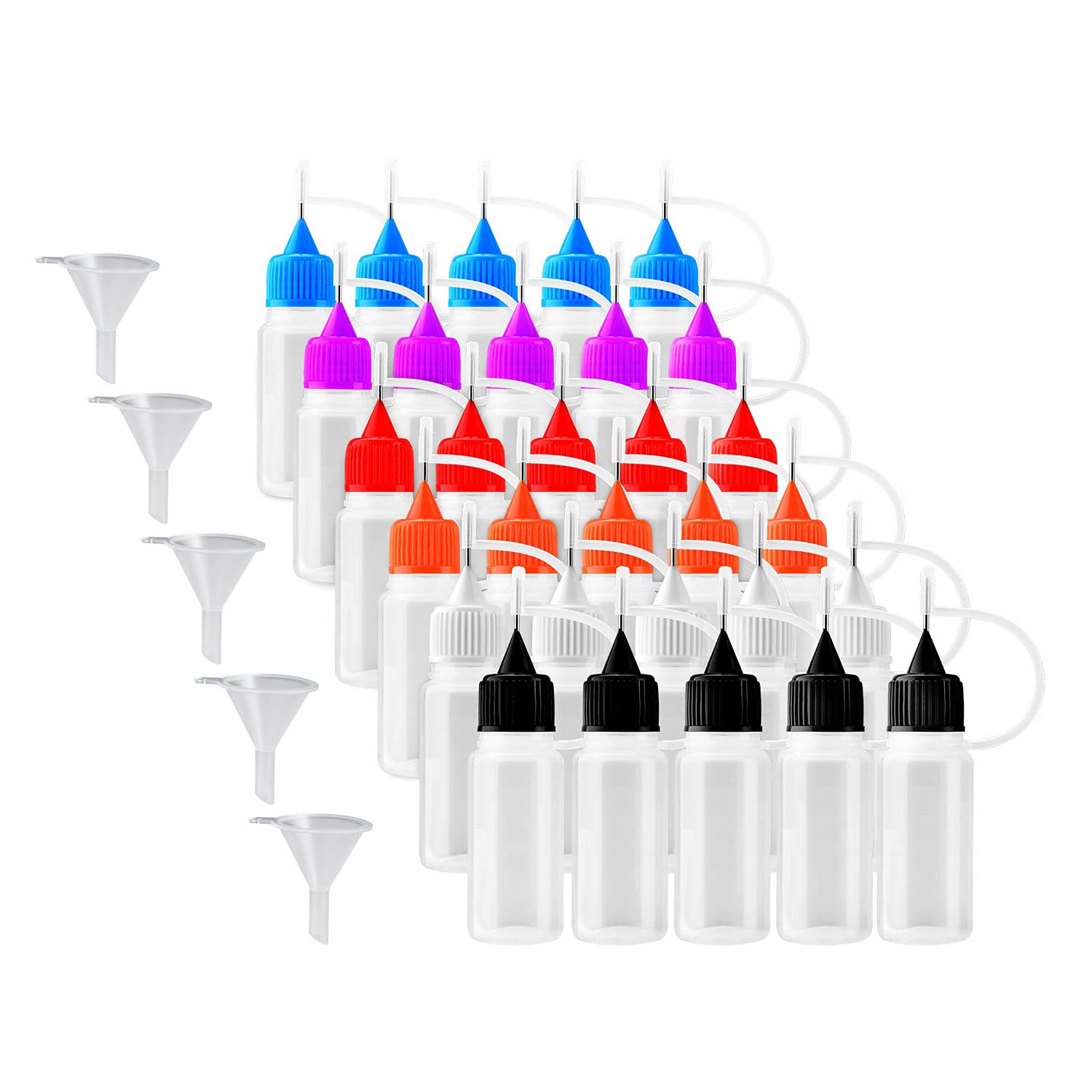 30pcs 10ml Needles Precision Tip Applicator, Translucent Glue Bottles and 6 Color Tips for DIY Quilling Craft, Acrylic Painting, with 5 Funnel