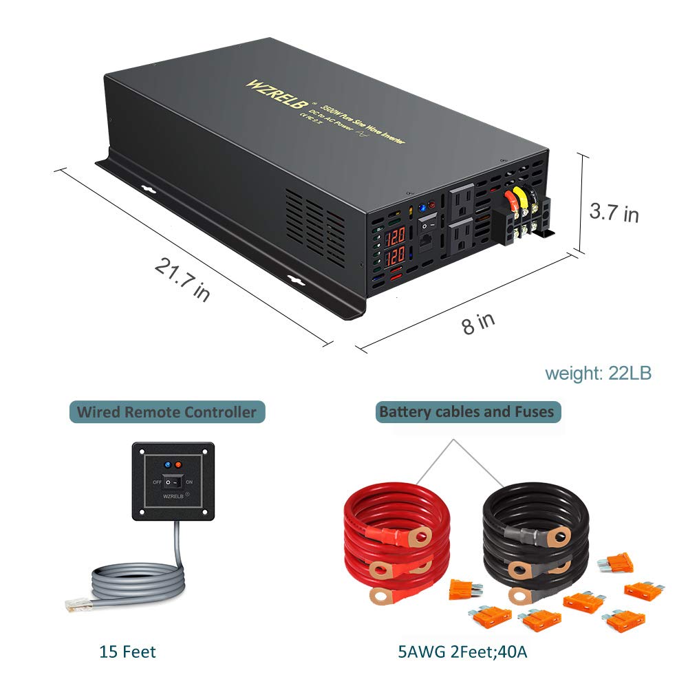 WZRELB 3500W 12VDC 120VAC Pure Sine Wave Power Inverter, 2 AC Outlets, Wired Remote Control, RV (RBP-350012WR)