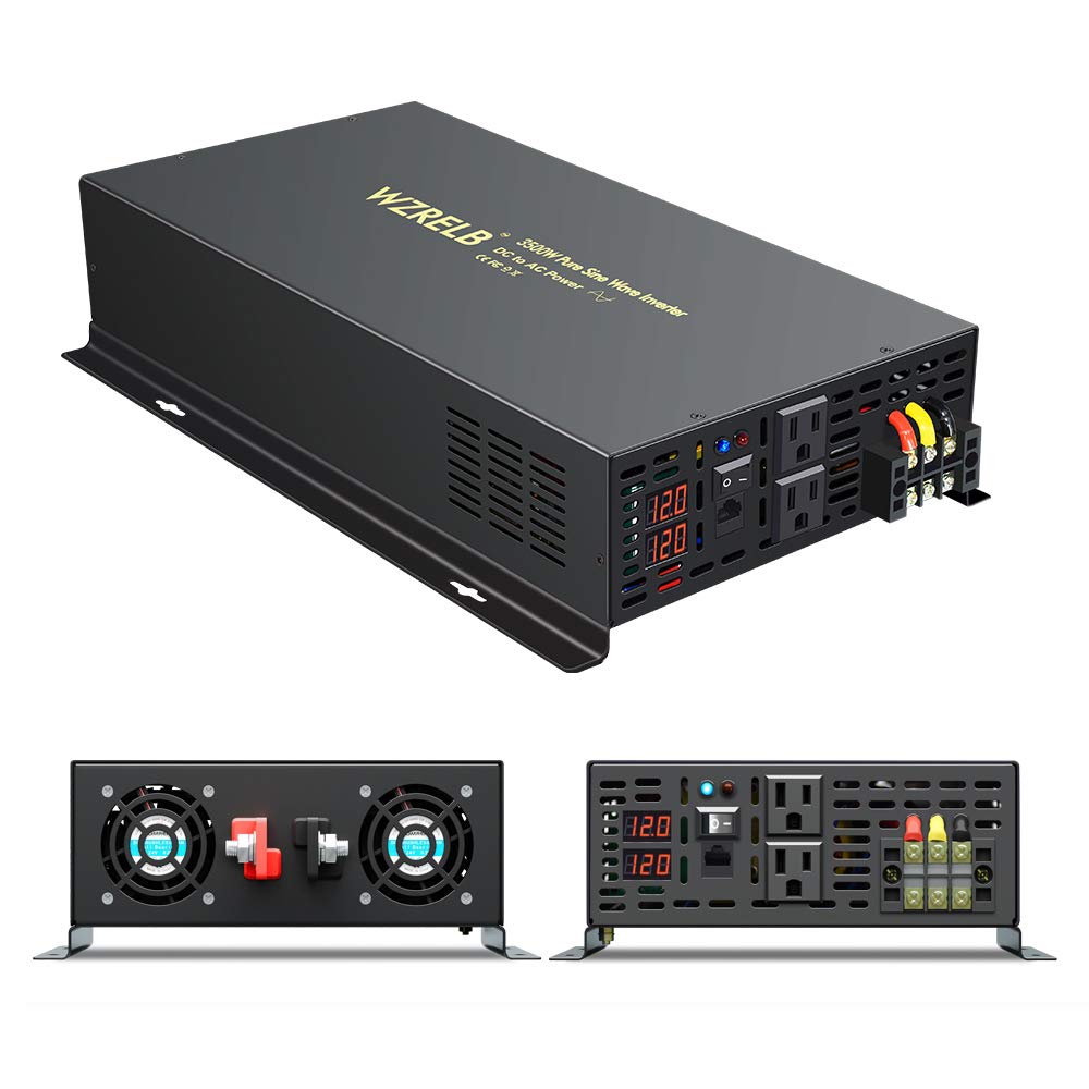 WZRELB 3500W 12VDC 120VAC Pure Sine Wave Power Inverter, 2 AC Outlets, Wired Remote Control, RV (RBP-350012WR)