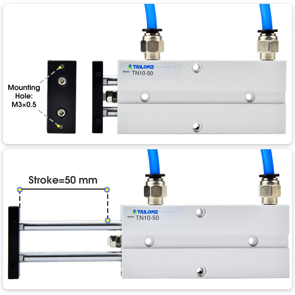 TAILONZ PNEUMATIC 10mm Bore 50mm Stroke Double-Rod Double-Acting Aluminum Pneumatic Air Cylinder TN10-50