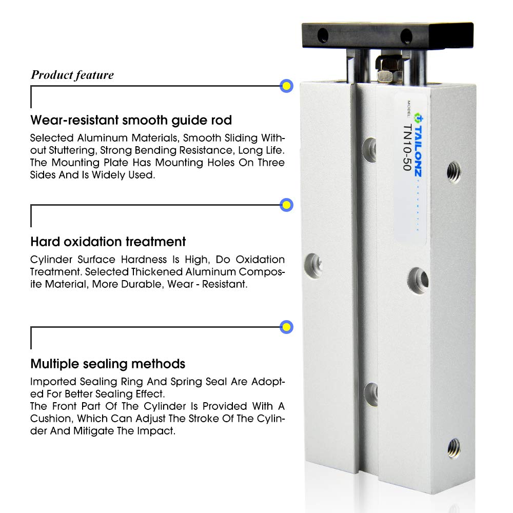 TAILONZ PNEUMATIC 10mm Bore 50mm Stroke Double-Rod Double-Acting Aluminum Pneumatic Air Cylinder TN10-50