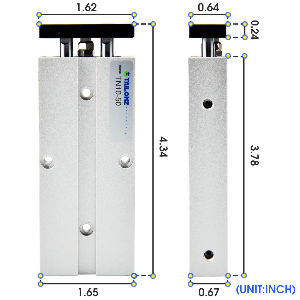 TAILONZ PNEUMATIC 10mm Bore 50mm Stroke Double-Rod Double-Acting Aluminum Pneumatic Air Cylinder TN10-50