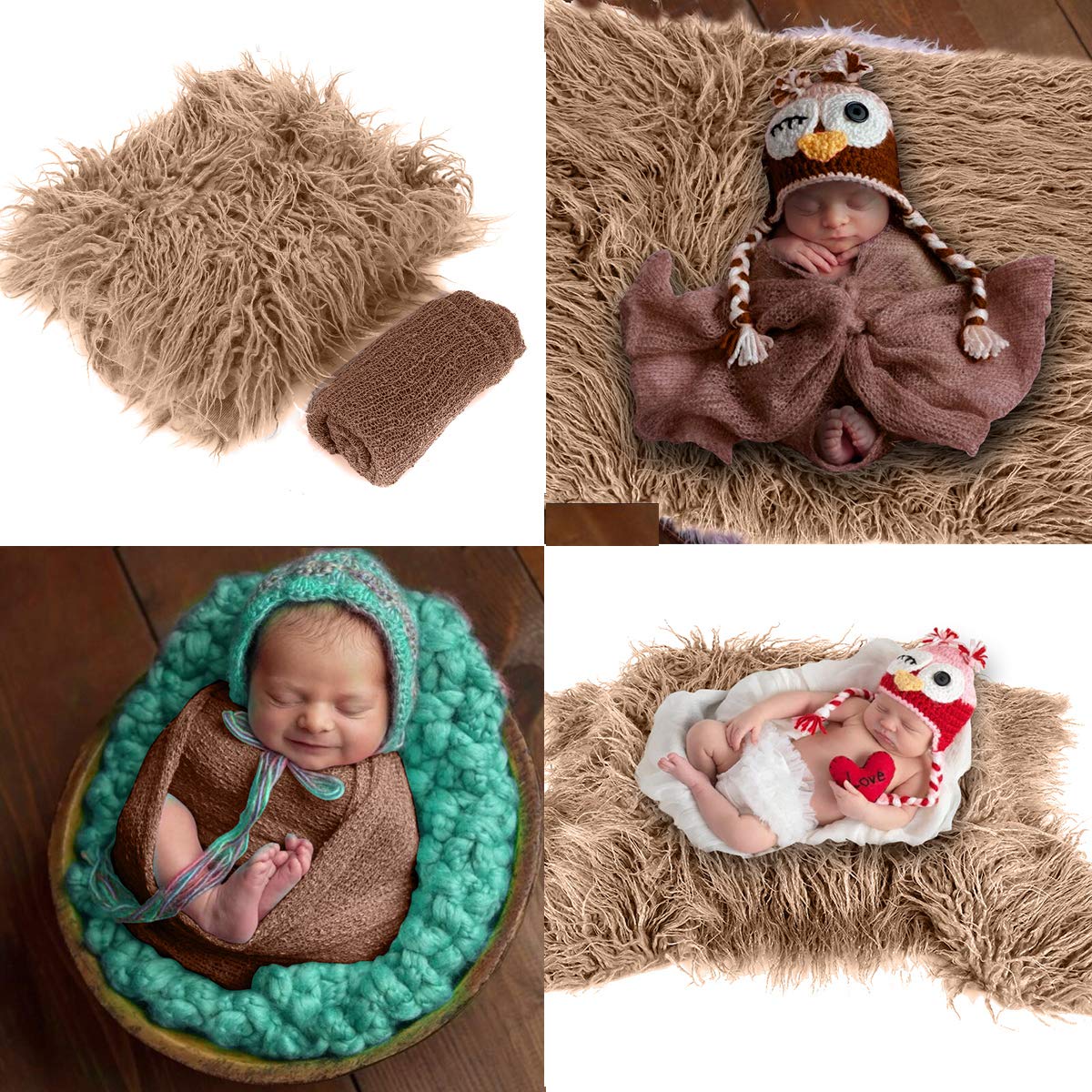 Fealay Baby Photography Props Fluffy Blanket + Ripple Wrap Set Newborn Photography Wrap Mat - Khaki