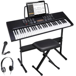 zeny 61-key portable electric keyboard piano with built in speakers, led screen, headphones, microphone, piano stand, music sheet stand and stool