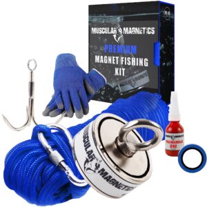 1225lb double sided fishing magnet bundle pack - includes 6mm 100ft high strength nylon rope with carabiner, non-slip nylon gloves, threadlocker, grappling hook & tape (complete kit)