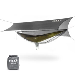 eno sublink hammock system - includes sub6 hammock, helios suspension system, guardian sl bug net, and profly sil rain tarp - set of lightweight hammock essentials for camping, or hiking - grey/lichen