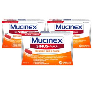 maximum strength mucinex sinus-max pressure and pain caplets, 20 count relieves sinus pressure & congestion, headache & fever, and thins & loosens mucus (pack of 3)