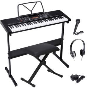 smartxchoices 61-key electronic keyboard piano stand portable led display keyboard kit with adjustable stand, adjustable stool, headphones, microphone & music stand