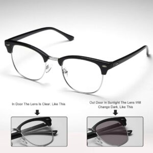 kimorn Photochromic Blue Light Blocking Glasses Semi Rimless Frame Filter Blue Ray Computer Game Eyewear KS101 (Glossy Black Silver Frame/Photochromic Lenses)