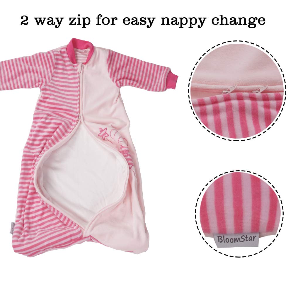 BloomSTAR Baby Sleep Sack - Long Sleeve Cotton Velvet Wearable Blanket for Girl and Toddlers, Pink, 2-Way Zipper, Swaddle Feel, Tog 2.0, Newborn, 9-12 Months, and 12-18 Months, 4 Season Use, Soft,Cozy