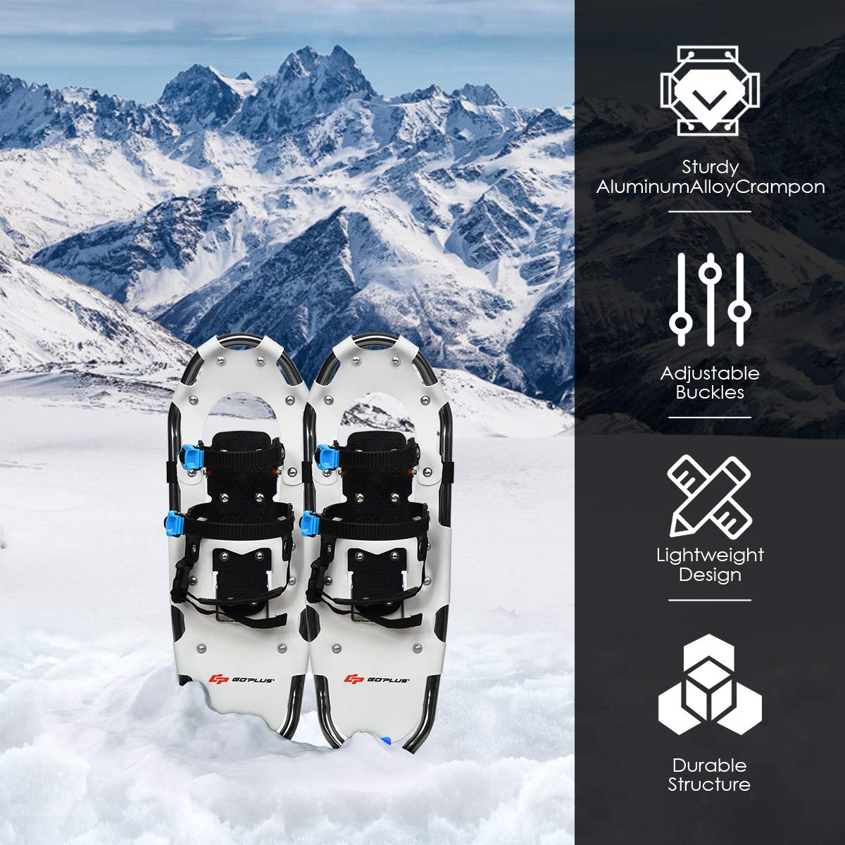 Goplus 21"/25"/30" Snowshoes for Men and Women, Lightweight Aluminum Alloy All Terrain Snow Shoes with Adjustable Ratchet Bindings with Carrying Tote Bag (White, 21")