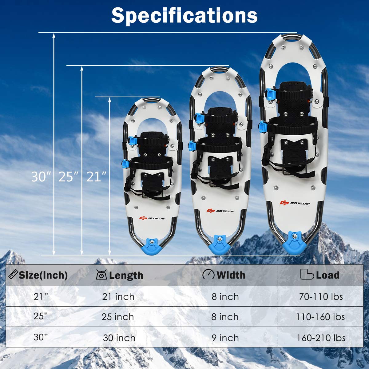 Goplus 21"/25"/30" Snowshoes for Men and Women, Lightweight Aluminum Alloy All Terrain Snow Shoes with Adjustable Ratchet Bindings with Carrying Tote Bag (White, 21")