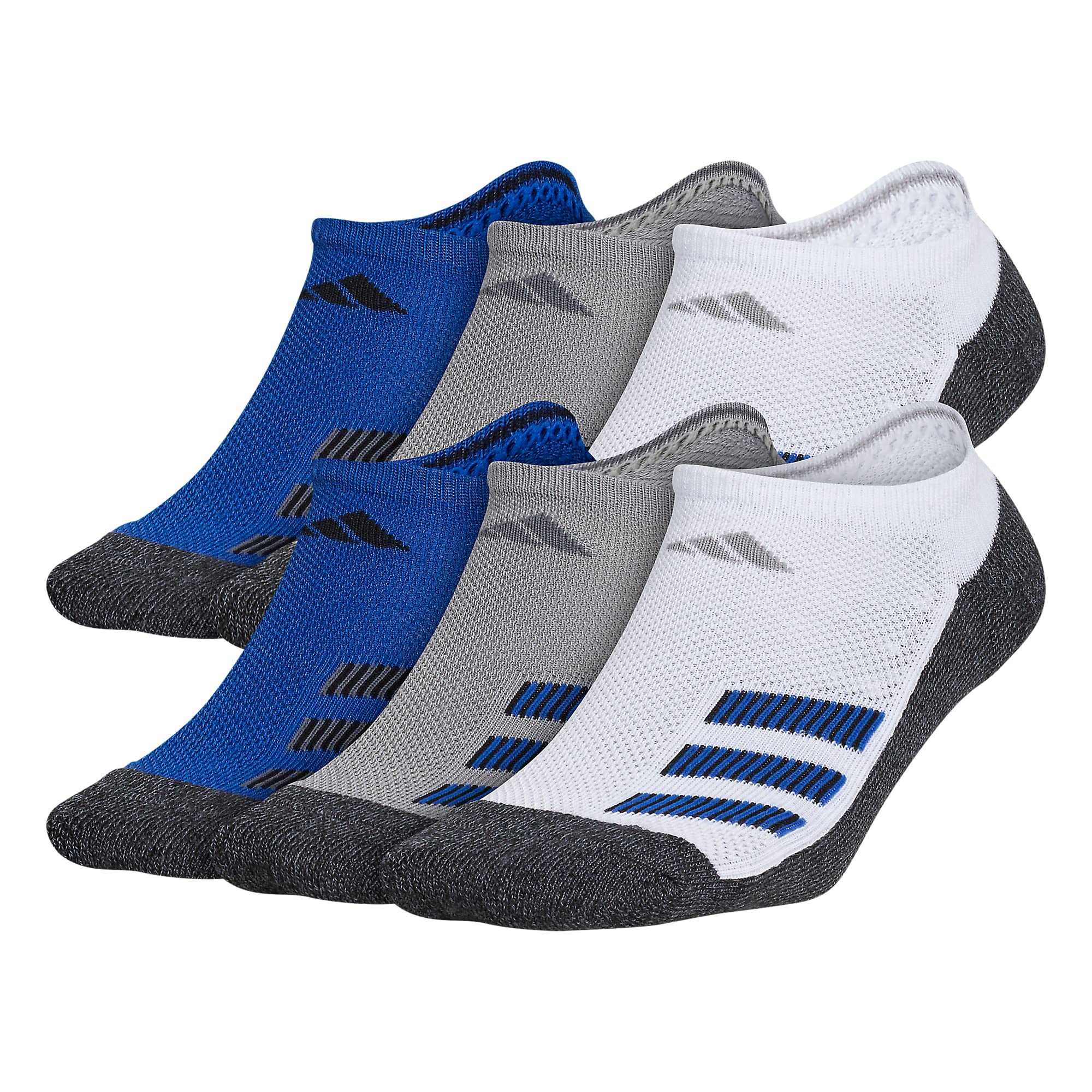 adidas Kids-Boy's/Girl's Cushioned Angle Stripe No Show Socks (6-Pair), White/Light Onix Grey/Team Royal Blue, Large