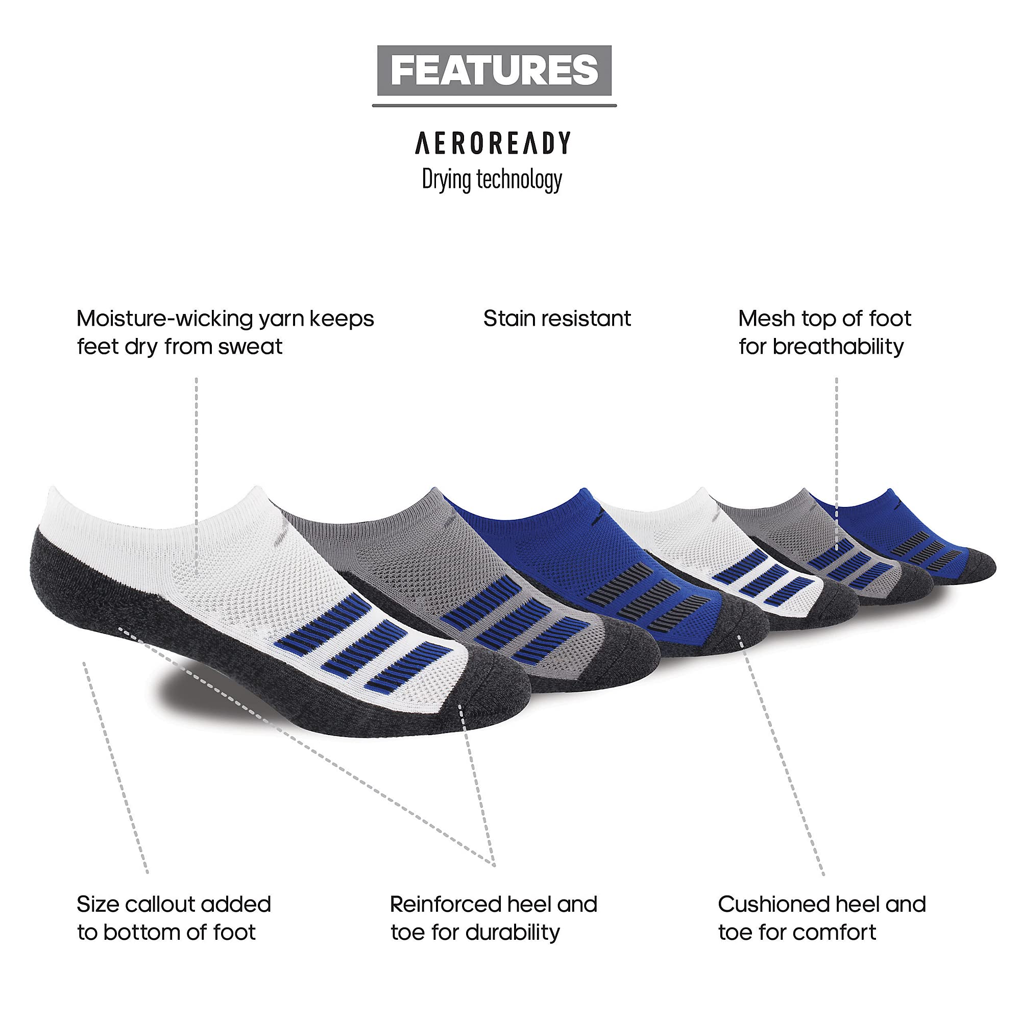 adidas Kids-Boy's/Girl's Cushioned Angle Stripe No Show Socks (6-Pair), White/Light Onix Grey/Team Royal Blue, Large