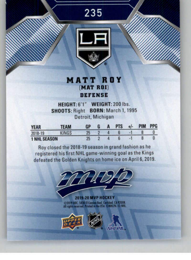 2019-20 UD MVP Hockey BLUE #235 Matt Roy Los Angeles Kings RC Rookie Limited Edition Only Found in Factory Set Official Upper Deck NHL Trading Card