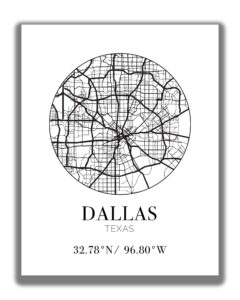 dallas tx city street map wall art - 11x14 unframed modern abstract black & white aerial view decor print with coordinates. makes a great texas-themed gift.