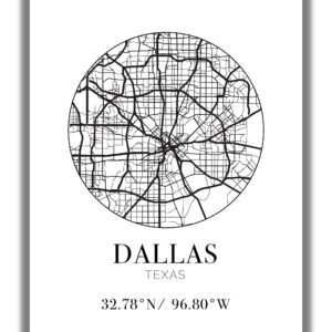 Dallas TX City Street Map Wall Art - 11x14 UNFRAMED Modern Abstract Black & White Aerial View Decor Print with Coordinates. Makes a great Texas-Themed Gift.