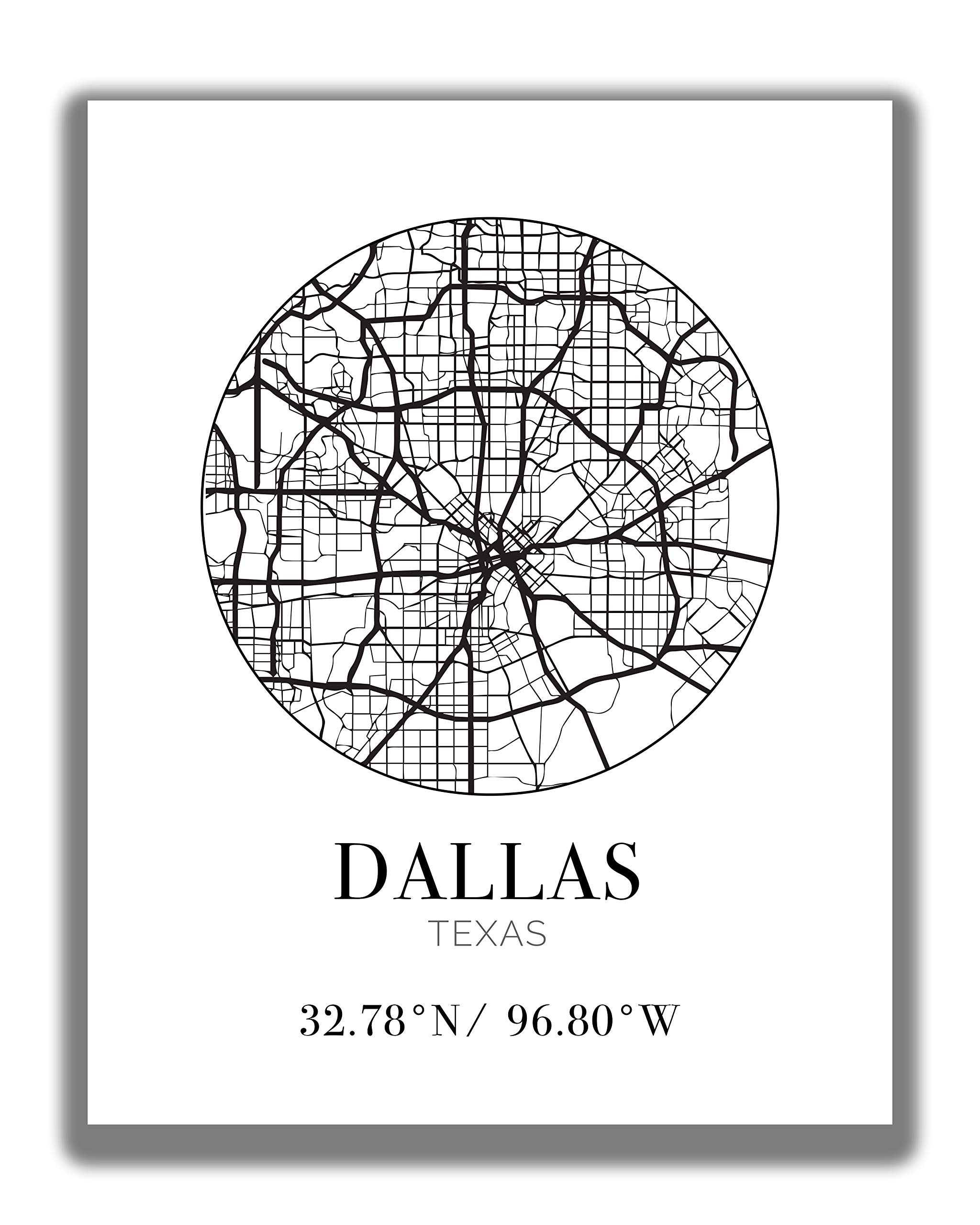 Dallas TX City Street Map Wall Art - 11x14 UNFRAMED Modern Abstract Black & White Aerial View Decor Print with Coordinates. Makes a great Texas-Themed Gift.