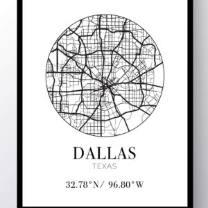 Dallas TX City Street Map Wall Art - 11x14 UNFRAMED Modern Abstract Black & White Aerial View Decor Print with Coordinates. Makes a great Texas-Themed Gift.