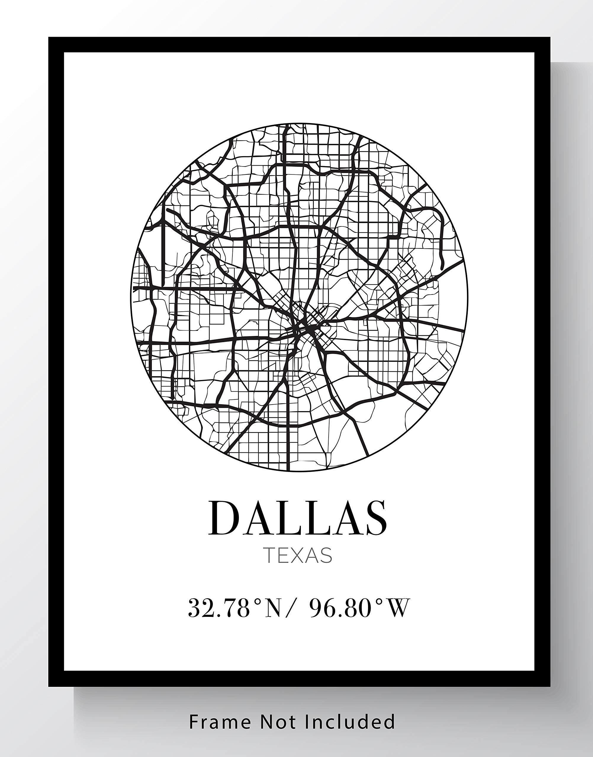 Dallas TX City Street Map Wall Art - 11x14 UNFRAMED Modern Abstract Black & White Aerial View Decor Print with Coordinates. Makes a great Texas-Themed Gift.