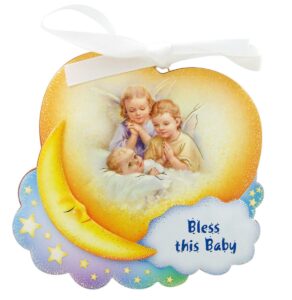 needzo bless this baby with guardian angels hanging wooden crib medal with prayer card, 3 3/4 inch