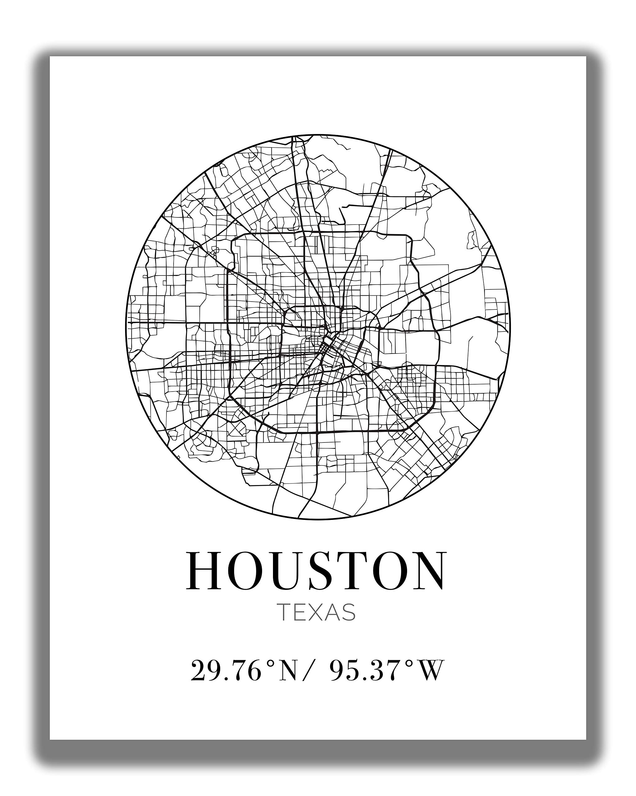 Houston TX City Street Map Wall Art - 11x14 UNFRAMED Modern Abstract Black & White Aerial View Decor Print with Coordinates. Makes a great Houston Texas-Themed Gift.